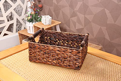 Storage Basket made by Water Hyacinth with Wood Handles, Arts and Crafts. (RectangleA-Large)