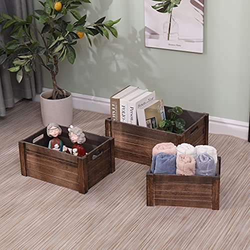 SENRYEE Farmhouse Antique Black Wooden Crate for storage,Rustic Decorative Boxes,Set Of 3 Extra Large Nesting Wooden Storage Crates For display ,Handmade Natural Solid Wood Box, Wooden Storage Boxes For Milk,Toys,Towel,Wine,etc. 15 x 11 x 7inches (Rustic