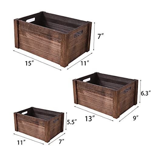 SENRYEE Farmhouse Antique Black Wooden Crate for storage,Rustic Decorative Boxes,Set Of 3 Extra Large Nesting Wooden Storage Crates For display ,Handmade Natural Solid Wood Box, Wooden Storage Boxes For Milk,Toys,Towel,Wine,etc. 15 x 11 x 7inches (Rustic