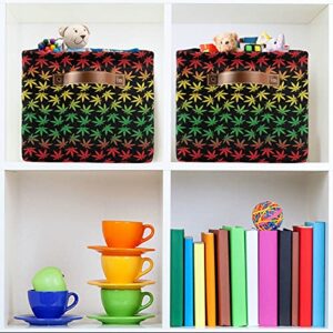 Large Foldable Storage Bin Gradient Marijuana Leaves Fabric Storage Baskets Collapsible Decorative Baskets Organizing Basket Bin with PU Handles for Shelves Home Closet Bedroom Living Room-1Pack