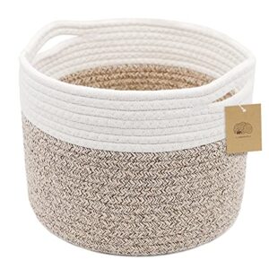 small rope basket small round woven basket with handle 9.5×9.5×7.1 in cute cotton basket nursery shelf small storage basket stitching brown beige mixed design style 8.2l