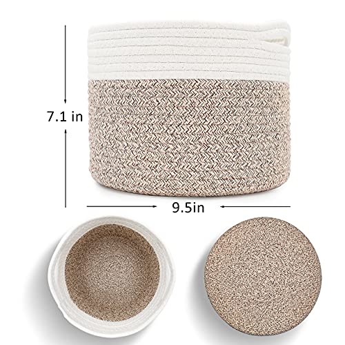 Small Rope Basket small Round Woven Basket With Handle 9.5x9.5x7.1 in Cute Cotton Basket Nursery Shelf Small Storage Basket Stitching Brown Beige Mixed Design Style 8.2L