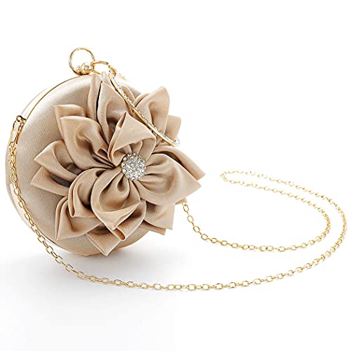 Yokawe Women Evening Bag Satin Flower Clutch Purse Wedding Party Prom Handbag (Champagne)