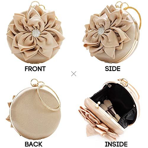 Yokawe Women Evening Bag Satin Flower Clutch Purse Wedding Party Prom Handbag (Champagne)