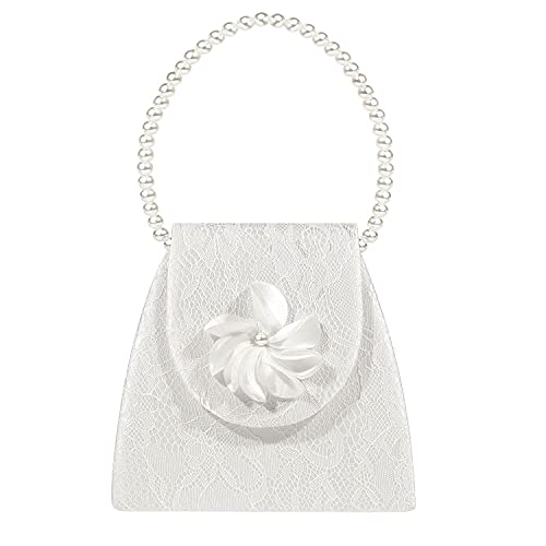 Mulian LilY Premium Floral Lace Satin Pearl Top Handle Clutch Handbag With Detachable Chain flower wedding Bridal Bag White M029