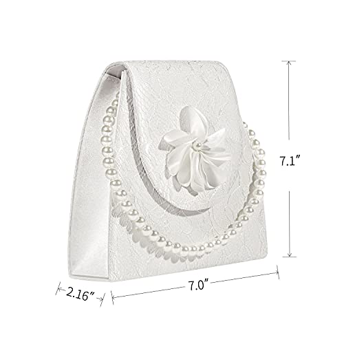 Mulian LilY Premium Floral Lace Satin Pearl Top Handle Clutch Handbag With Detachable Chain flower wedding Bridal Bag White M029