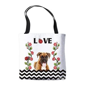 my love ladybugs and dog tote bag german boxer puppy rustic floral vine wave stripe spring farmhouse funny puppy animal pet decor shoulder bag handbag casual tote