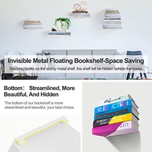 Fentec Invisible Floating Bookshelf, Wall Mounted Floating Bookshelves Heavy-Duty Book Organizers Hidden Book Shelf Metal Shelves Holder for Books Storage Bedroom Living Room Home Office, 4-Pack White