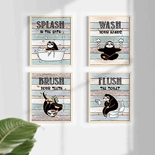 FALJIOK Funny Sloth Bathroom Decor Wall Art Sign, Rustic Farmhouse Wood Sloth Bathroom Rules Wall Art for Kids, Sloth lover, Nursery, Wash Brush Flush, 4set,8”X10” Unframed