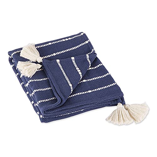 DII Striped Throw Collection Cotton Slub, Hand-Tied Tassels, 50x60, French Blue & Off-White