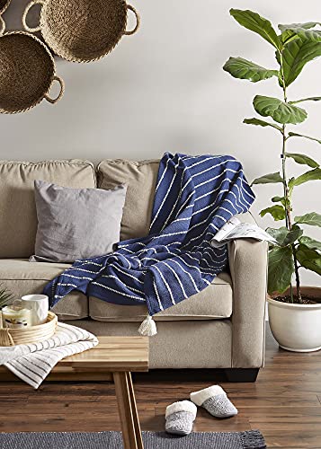 DII Striped Throw Collection Cotton Slub, Hand-Tied Tassels, 50x60, French Blue & Off-White