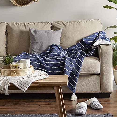 DII Striped Throw Collection Cotton Slub, Hand-Tied Tassels, 50x60, French Blue & Off-White