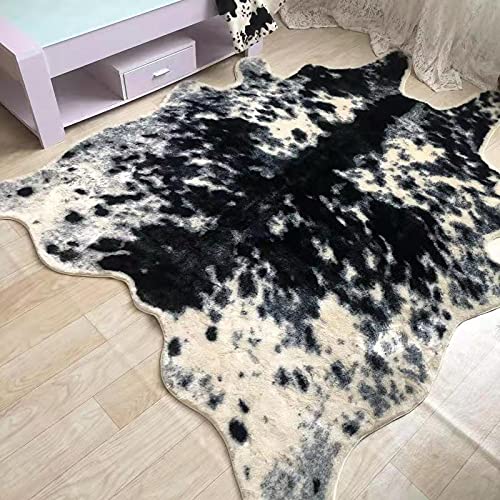 Faux Cowhide Rug Cow Print Area Rug Medium Animal Print Rug Faux Fur Cowhide Skin Carpet Western Decor Gray and White 2.8ft x 3.6ft/ 33.5in x 43.3in