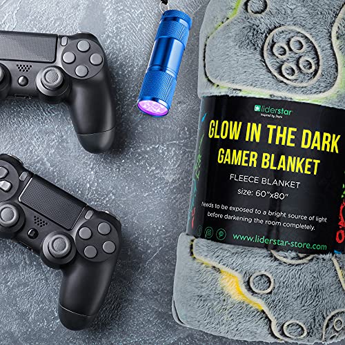 Glow in The Dark Gamer Blanket - 60 x 80 inch, Soft Cozy Kids Throw Blanket-Gaming Room Decor for Bedroom, Video Game Gift for Adults Teens Grandkids, Gifts for Him, Boys Gift Ideas