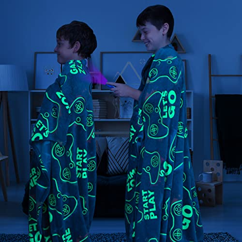 Glow in The Dark Gamer Blanket - 60 x 80 inch, Soft Cozy Kids Throw Blanket-Gaming Room Decor for Bedroom, Video Game Gift for Adults Teens Grandkids, Gifts for Him, Boys Gift Ideas