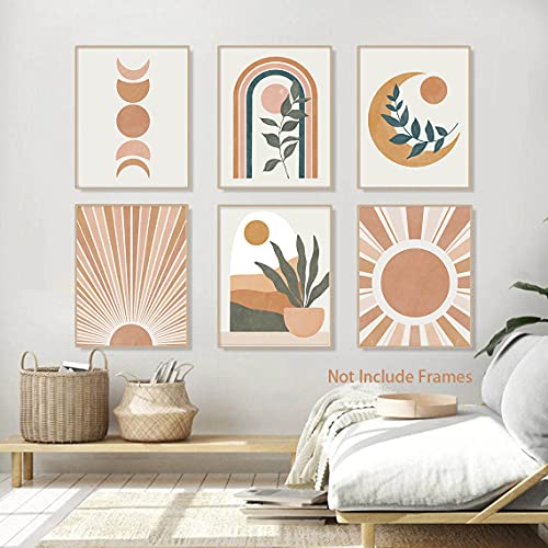 XUOIAYNB Abstract Boho Wall Art Prints, Minimalist Geometric Sun Canvas Wall Art (8"x10"x6pcs, Unframed)-Mid Century Modern Art Print for Bedroom Decoration