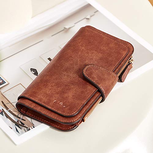 CLUCI Women Wallet Fashion Soft Leather Designer Zip Magnetic Multi Card Holder Organizer Travel Ladies Clutch Trifold Reddish Brown