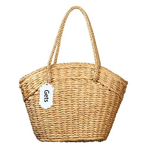 Gets Handmade Tote Straw Bag Rattan Summer Beach Shoulder Bag for Women (Brown)