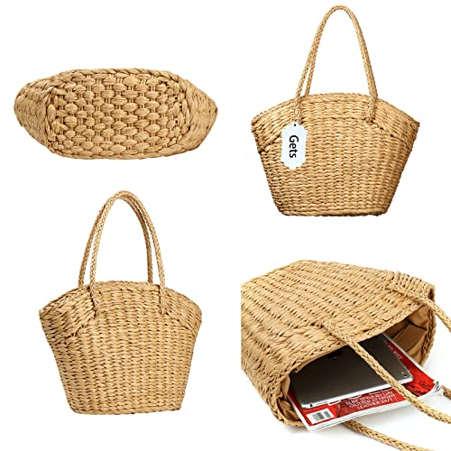 Gets Handmade Tote Straw Bag Rattan Summer Beach Shoulder Bag for Women (Brown)