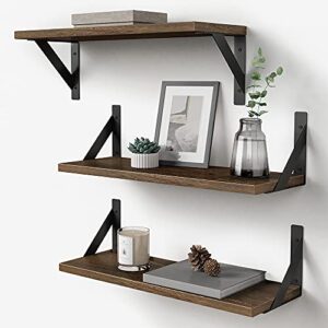 rustic floating shelves wall mounted set of 3, 17 inch natural wood wall shelves, decor storage shelf for bedroom bathroom living room office pictures plants books cats tv (rustic brown)