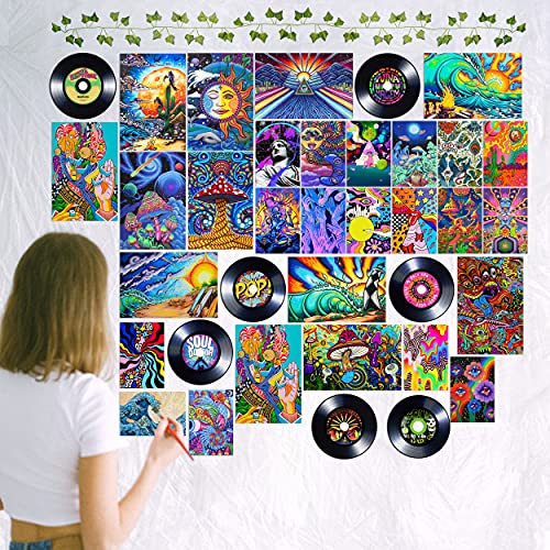 HODYUN 100PCS Wall Collage Kit Indie Aesthetic Pictures Posters Records Artificial Vines, Hippie Trippy Wall Collage Kit for Prints Pictures, Wall Art Print for Room, Dorm Photo Display, VSCO Poster for Bedroom