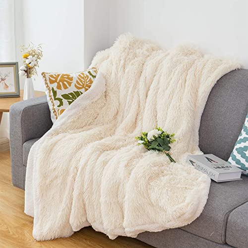 CHOSHOME Faux Fur Throw Blanket Throw Size, Plush Reversible Faux Fur and Sherpa Fleece Blanket Lightweight Fuzzy Shaggy Blanket, Comfy Fluffy Blankets and Throws for Couch Sofa Bed, 50"×60", Beige