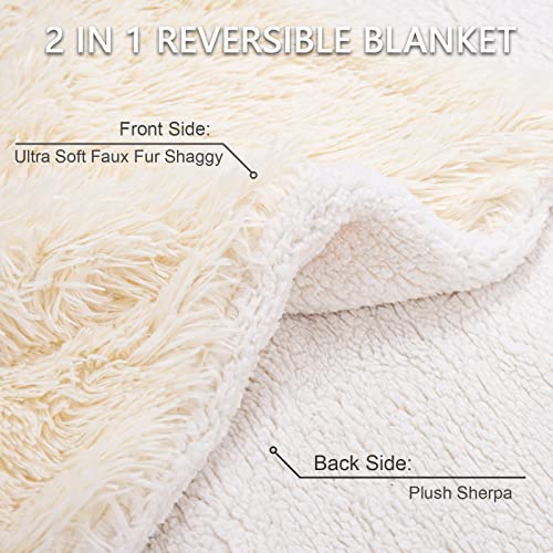 CHOSHOME Faux Fur Throw Blanket Throw Size, Plush Reversible Faux Fur and Sherpa Fleece Blanket Lightweight Fuzzy Shaggy Blanket, Comfy Fluffy Blankets and Throws for Couch Sofa Bed, 50"×60", Beige