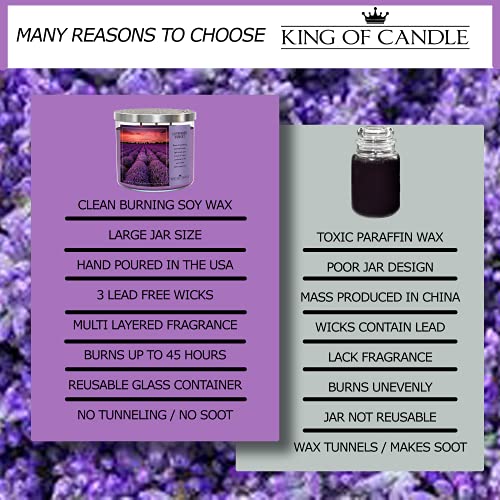 King of Candle - Lavender Sunset Candle | Large 3 Wick Highly Scented Soy Strong Lavender Candles for Home | Luxury / Relaxation / Aromatherapy / Housewarming Gifts for Women | 14 oz + Decorative Lid