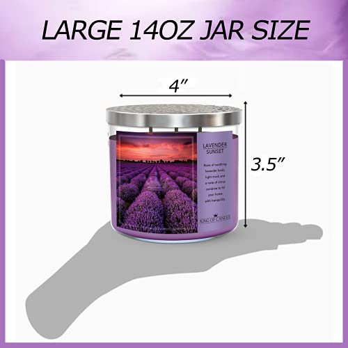 King of Candle - Lavender Sunset Candle | Large 3 Wick Highly Scented Soy Strong Lavender Candles for Home | Luxury / Relaxation / Aromatherapy / Housewarming Gifts for Women | 14 oz + Decorative Lid