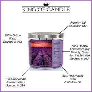 King of Candle - Lavender Sunset Candle | Large 3 Wick Highly Scented Soy Strong Lavender Candles for Home | Luxury / Relaxation / Aromatherapy / Housewarming Gifts for Women | 14 oz + Decorative Lid