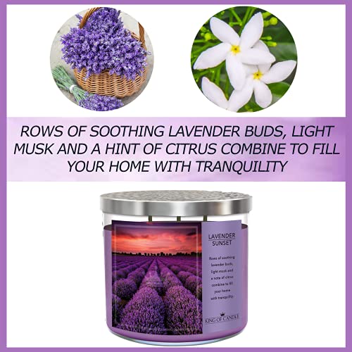 King of Candle - Lavender Sunset Candle | Large 3 Wick Highly Scented Soy Strong Lavender Candles for Home | Luxury / Relaxation / Aromatherapy / Housewarming Gifts for Women | 14 oz + Decorative Lid