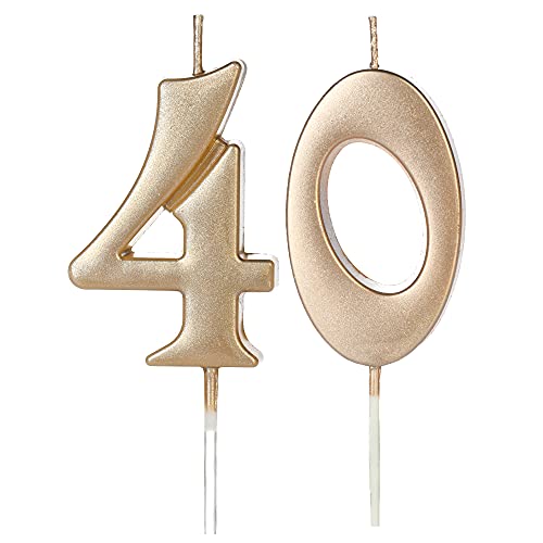 Champagne Gold 40th Birthday Candles for Cake, Number 40 4 Glitter Candle Party Anniversary Cakes Decoration for Kids Women or Men