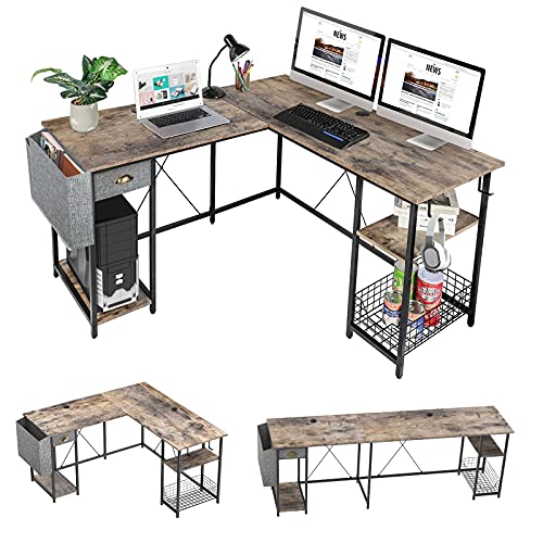 X-cosrack 88.5inch L-Shaped Computer Desk with Storage Shelves Drawer, Home Office Writing Corner Desk, 2 Person Long Desk PC Laptop Workstation with Hooks Storage Bag Cable Hole