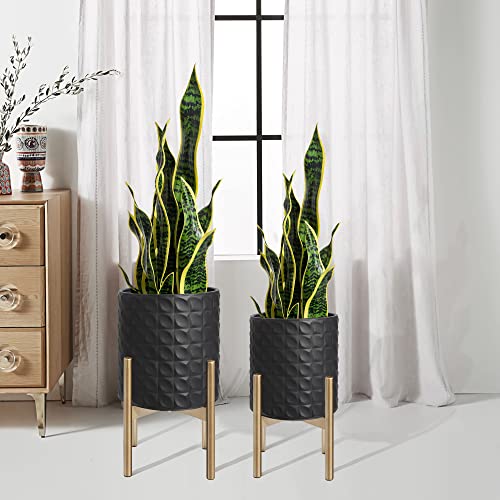 Oakrain Mid Century Planters for Indoor Plants, Set of 2, Modern Decorative Metal Planter Pots for Living Room, Office, Garden or Balcony, Black Planter with Stand, 8 inch & 10 inch