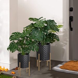 Oakrain Mid Century Planters for Indoor Plants, Set of 2, Modern Decorative Metal Planter Pots for Living Room, Office, Garden or Balcony, Black Planter with Stand, 8 inch & 10 inch