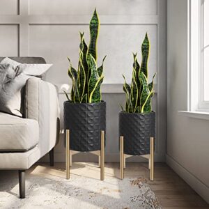 Oakrain Mid Century Planters for Indoor Plants, Set of 2, Modern Decorative Metal Planter Pots for Living Room, Office, Garden or Balcony, Black Planter with Stand, 8 inch & 10 inch