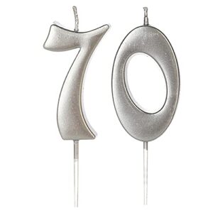 silver 70th birthday candles for cake, number 70 7 glitter candle party anniversary cakes decoration for kids women or men