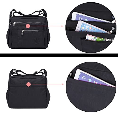 Scioltoo Crossbody Bags for Women Travel Purses with Multi-pockets Nylon Lightweight Waterproof Shoulder Messenger Black