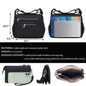 Scioltoo Crossbody Bags for Women Travel Purses with Multi-pockets Nylon Lightweight Waterproof Shoulder Messenger Black