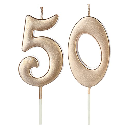 Champagne Gold 50th Birthday Candles for Cake, Number 50 5 Glitter Candle Party Anniversary Cakes Decoration for Kids Women or Men