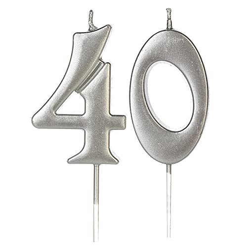 Silver 40th Birthday Candles for Cake, Number 40 4 Glitter Candle Party Anniversary Cakes Decoration for Kids Women or Men