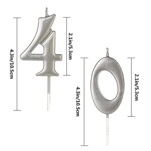 Silver 40th Birthday Candles for Cake, Number 40 4 Glitter Candle Party Anniversary Cakes Decoration for Kids Women or Men