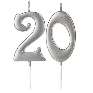 silver 20th birthday candles for cake, number 20 glitter candle party anniversary cakes decoration for kids women or men