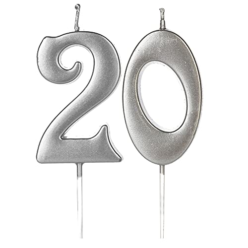 Silver 20th Birthday Candles for Cake, Number 20 Glitter Candle Party Anniversary Cakes Decoration for Kids Women or Men