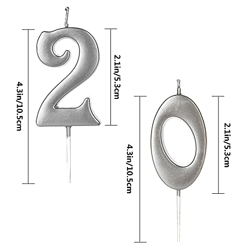 Silver 20th Birthday Candles for Cake, Number 20 Glitter Candle Party Anniversary Cakes Decoration for Kids Women or Men