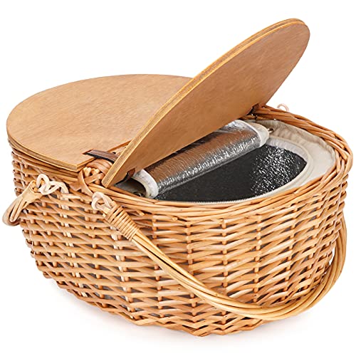 Wicker Picnic Basket with Cooler, Wooden Split Lid Picnic Basket, Vintage-Style Wicker Picnic Hamper with Folding Woven Handle for Picnic, Camping, Outdoor, Valentine Day, Thanks Giving, Birthday