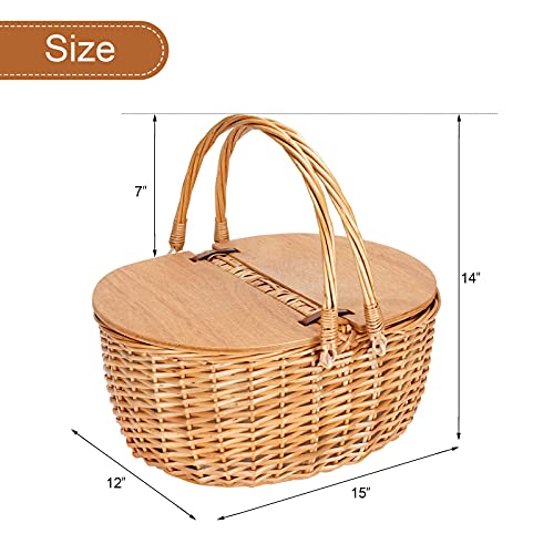 Wicker Picnic Basket with Cooler, Wooden Split Lid Picnic Basket, Vintage-Style Wicker Picnic Hamper with Folding Woven Handle for Picnic, Camping, Outdoor, Valentine Day, Thanks Giving, Birthday