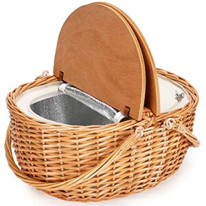 Wicker Picnic Basket with Cooler, Wooden Split Lid Picnic Basket, Vintage-Style Wicker Picnic Hamper with Folding Woven Handle for Picnic, Camping, Outdoor, Valentine Day, Thanks Giving, Birthday