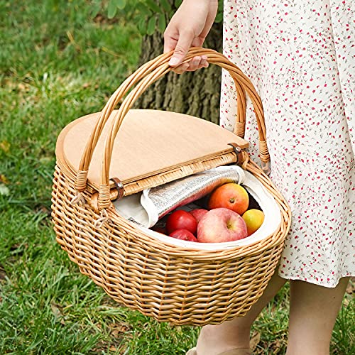 Wicker Picnic Basket with Cooler, Wooden Split Lid Picnic Basket, Vintage-Style Wicker Picnic Hamper with Folding Woven Handle for Picnic, Camping, Outdoor, Valentine Day, Thanks Giving, Birthday