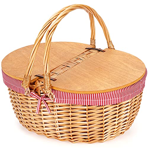 Wicker Picnic Basket with Liner, Wooden Split Lid Picnic Basket, Vintage-Style Wicker Picnic Hamper with Folding Woven Handle for Picnic, Camping, Outdoor, Valentine Day, Thanks Giving, Birthday (Red)